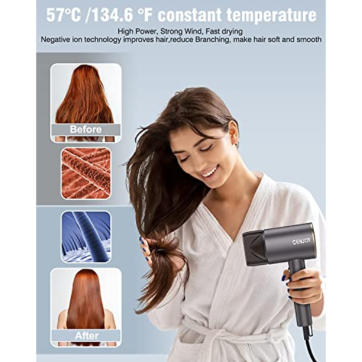 CENJOY Hair Dryer - Blow Dryer with Diffuser, 1875W Negative Ions Hairdryer for Fast Drying, Constant Temperature, 2 Heating/2 Speed/Cool Setting, Lightweight Compact Portable Quiet for Home, Travel