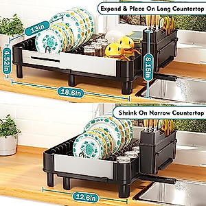 YKLSLH Expandable Dish Drying Rack Dish Racks for Kitchen Counter, Space Saving Dish Rack,12.6"-18.6" Expandable Drying Rack with Drainboard, Utensil Holder - Black
