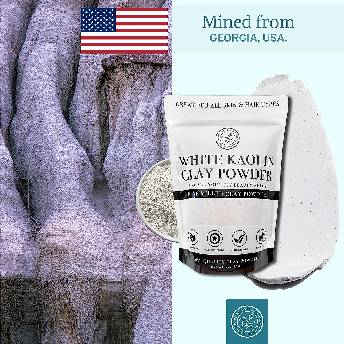 Bare Essentials Living - White Kaolin Clay Powder (2 lb) 100% Natural White Powdered Clay for Seed Bombs, White Clay Mask, DIY Spa, Soap, Bath Bomb, Deodorant, Can be Used as Kaolin Clay for Gardening