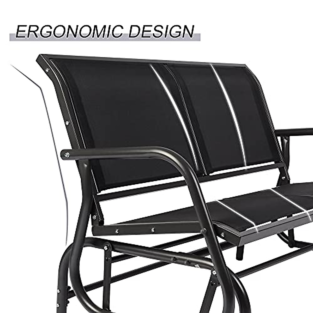 Koreyosh Outdoor Glider Bench 2-Person Rocking Loveseat Chair Patio Swing Rocker w/Powder Coated Frame and Textilene Mesh Seating for Porch Yard Graden, Black