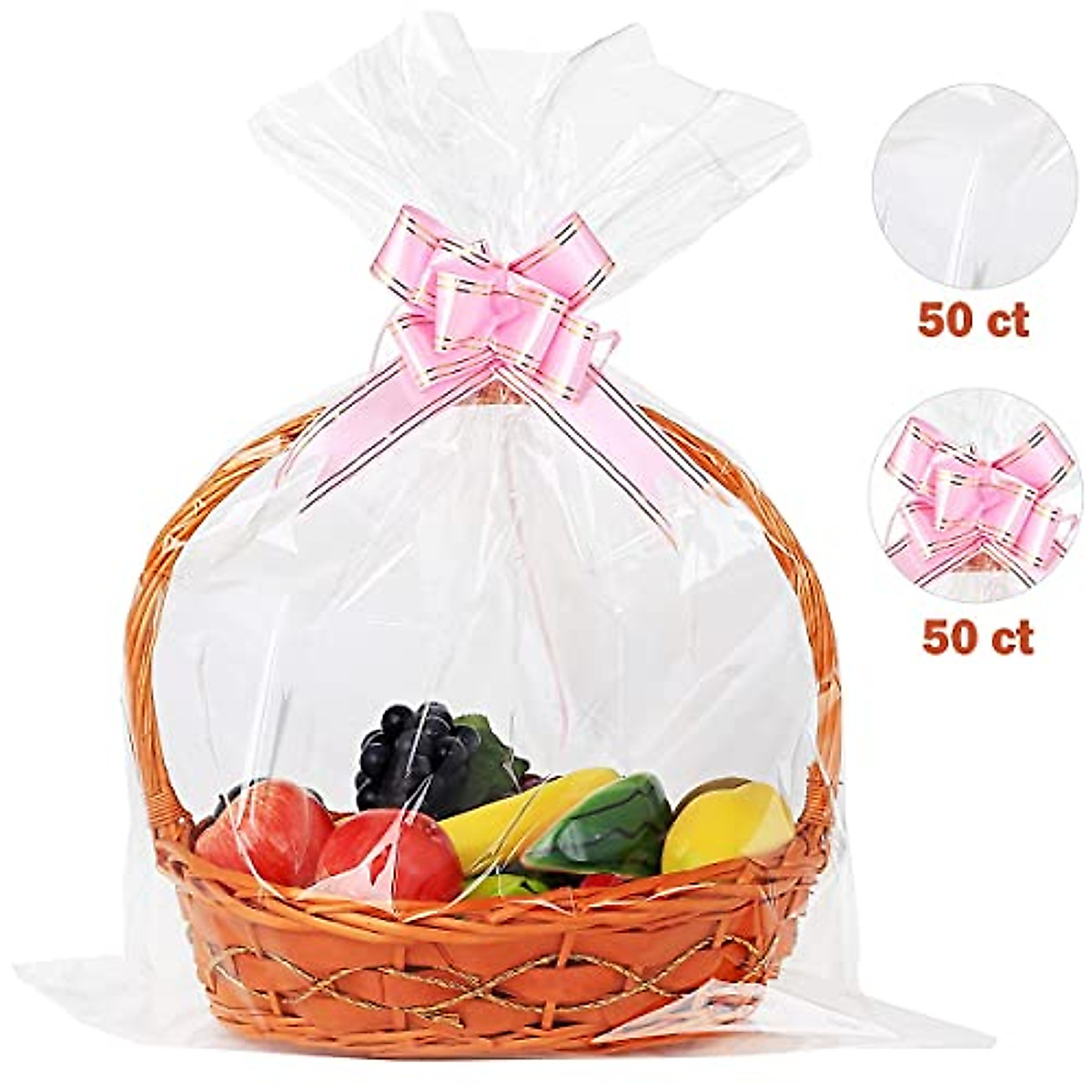 UltraOutlet 50 Packs Large Cellophane Bags 18" x 24" Clear Cellophane Gift Basket Wraps 2.3 Mil Thick Clear Cello Bags for Fruit Basket, Gift Wrap, Treats, Arts and Crafts, 50ct Ribbon Bows