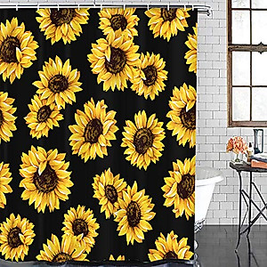 ArtSocket 4 Pcs Shower Curtain Set Yellow Sunflower Black Floral Blooms Bouquet consecutively Garden Leaf Petal with Non-Slip Rugs Toilet Lid Cover and Bath Mat Bathroom Decor Set 72" x 72"