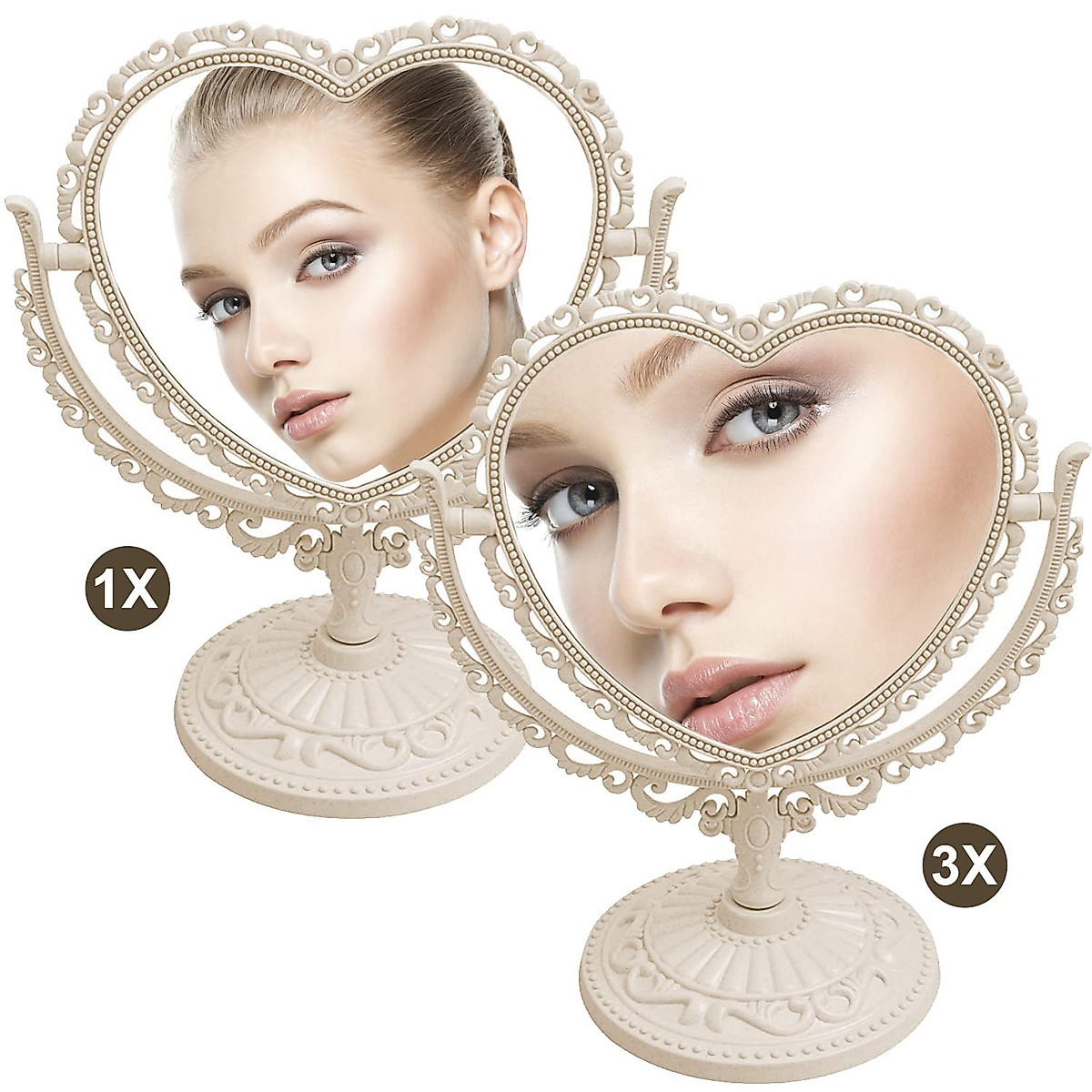 D&XQAUO Heart Shaped Mirror - Coquette Room Decor for Desk, Vanity & Bathroom - Cute Table Mirror with Stand (Beige)