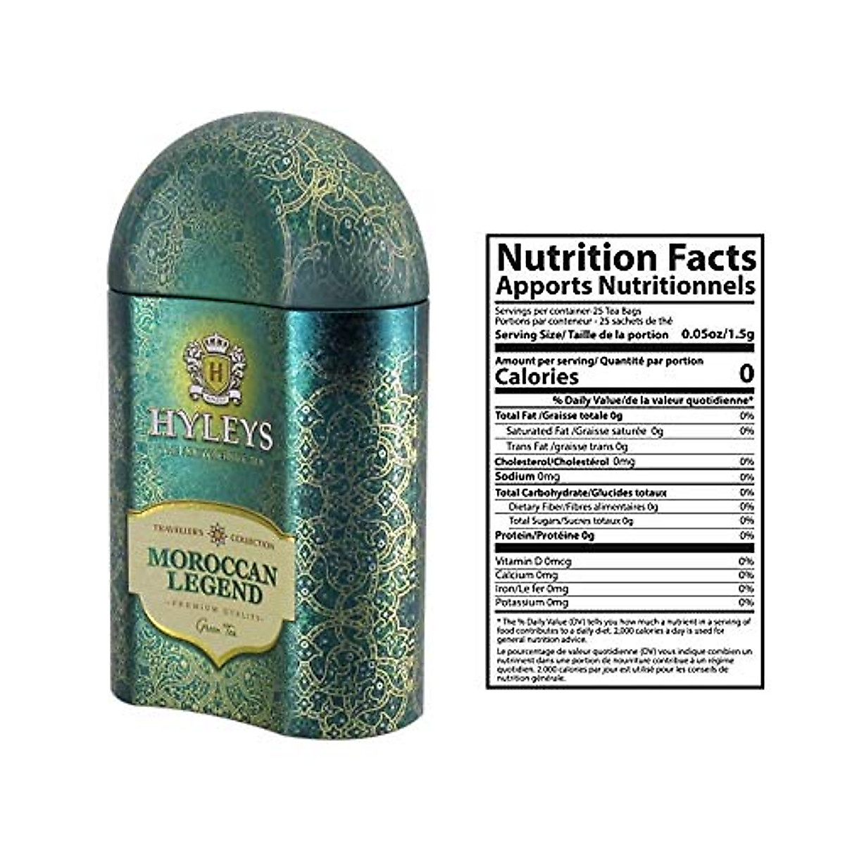 Hyleys Loose Leaf Green Tea with Mint Rose and Blue Corn Flowers in Tin 3.52 Ounce (100g) - Traveller's Collection - Moroccan Legend