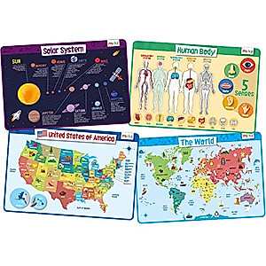 merka Placemats for Kids Placemat Kids Placemats for Dining Table Solar System Human Body Chart World Geography and USA Map Set of 4 Reusable
