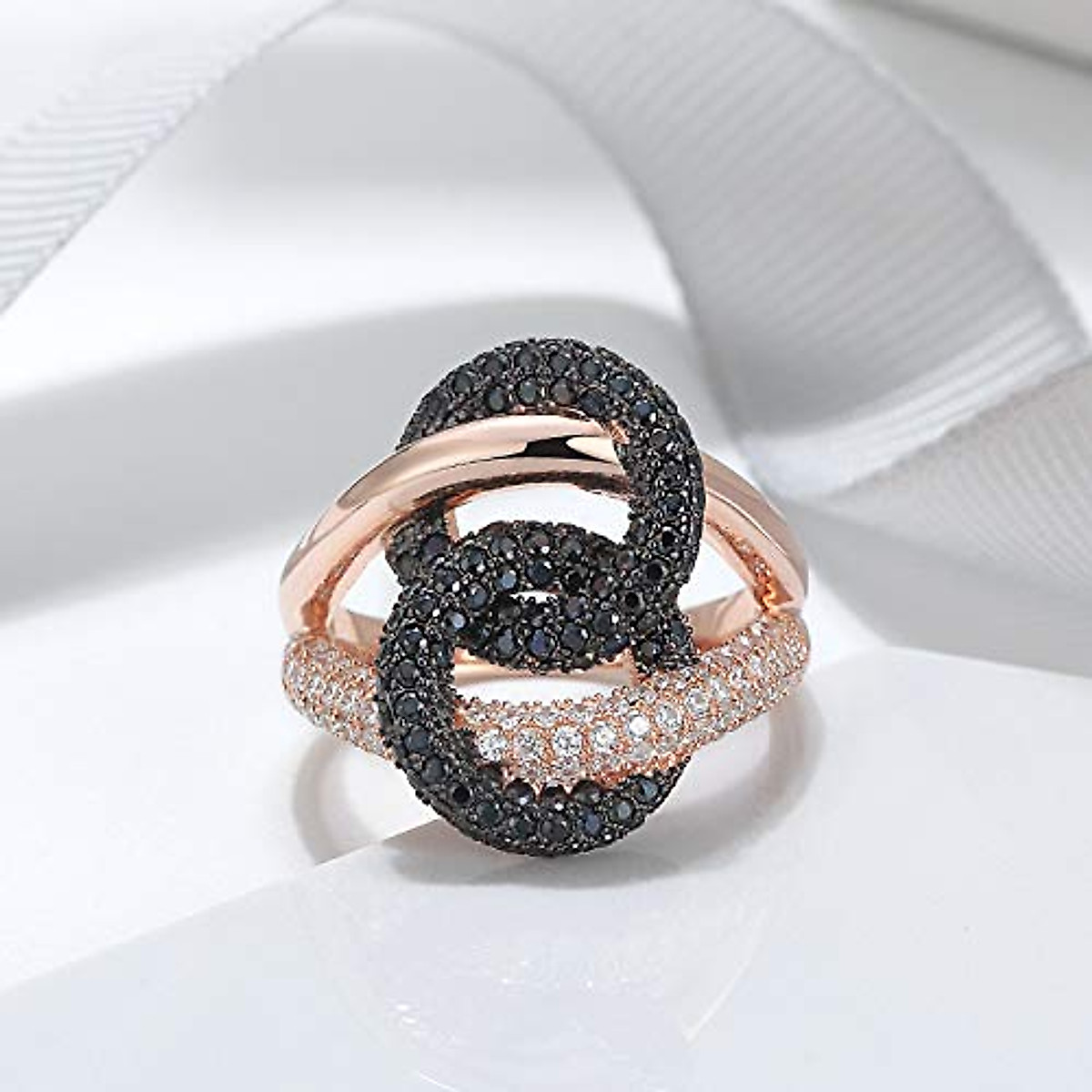 Ginger Lyne Collection Interlinking Circles Rose Gold Over Sterling Silver Black CZ Pave Statement Ring Size 7