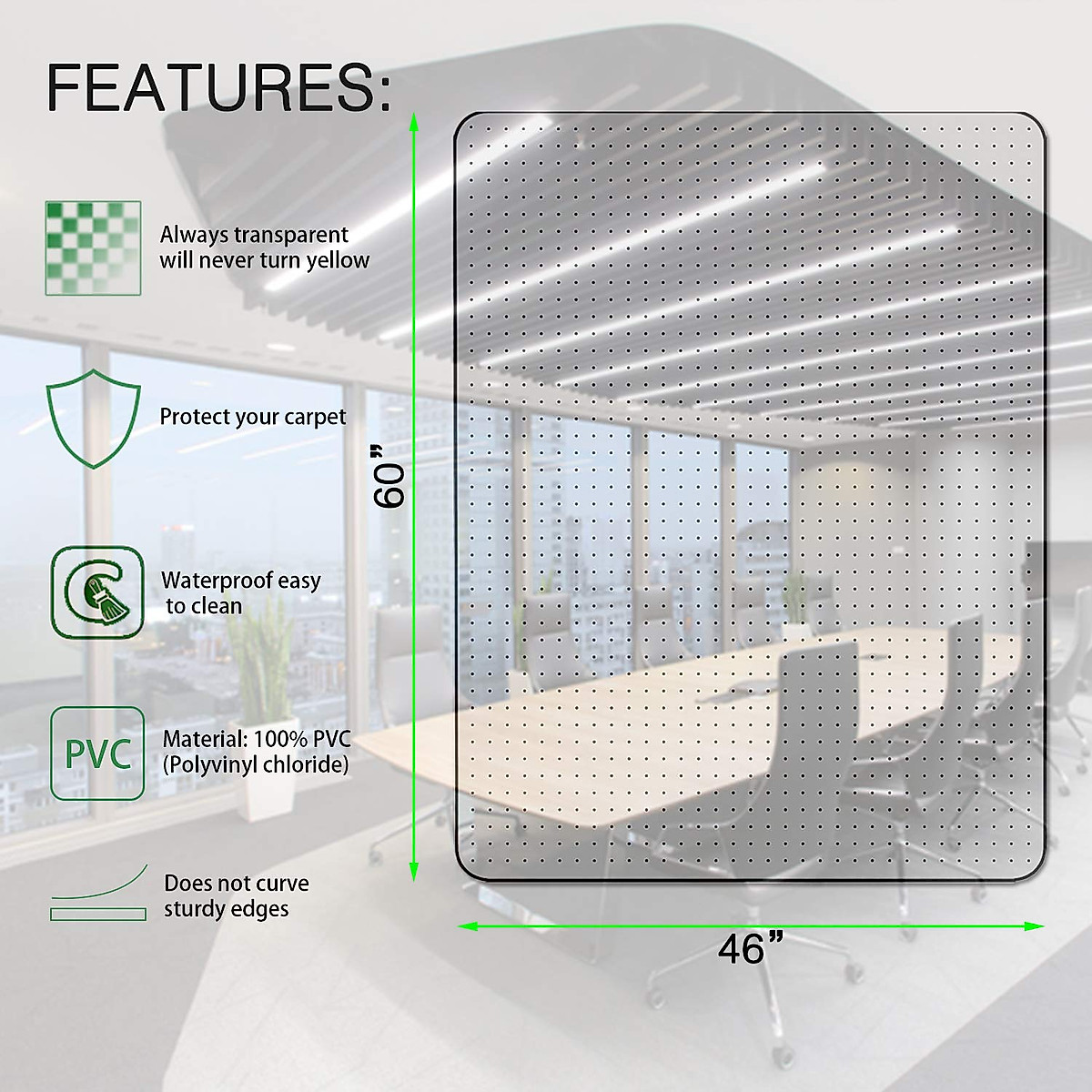 100pointONE Office Chair Mat for Carpets - 60'' x 46'' 0.09'' Thick Transparent Floor Mats for Flat Low and No Pile Carpeted Floors, with Grippers (60'' X 46'' Rectangle)