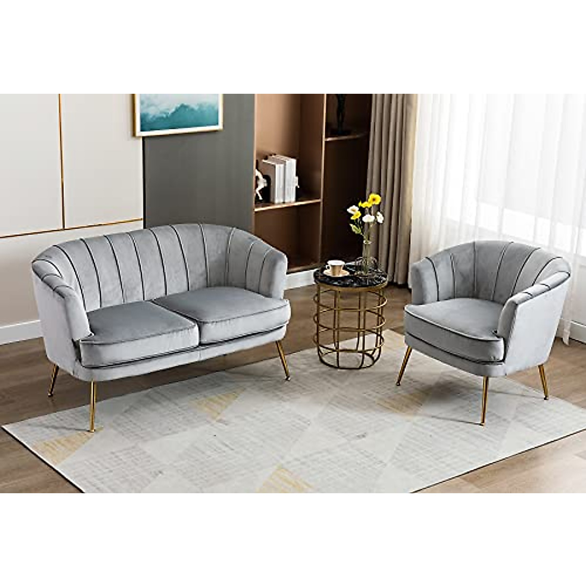 Artechworks Contemporary Velvet Loveseat Chair with Gold-Finished Metal Legs, 2-Seat Sofa for Living Room, Bedroom, Home Office, Grey