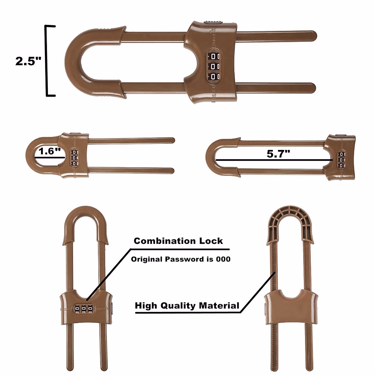 Child Proof Sliding Cabinet Door Code Locks Baby Safety Cupboard Locks Adjustable U Shaped Cabinet Latches for Knob Handle Drawers Closet (4 PCS, Coffee)