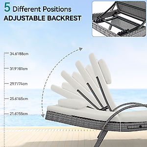 YITAHOME Patio Chaise Lounge Chair Set of 2, Wicker Chaise Lounge Outdoor Rattan Reclining Chair with Armrests/Pull-Out Cup Holder/5-Position Backrest/Cushion & Headrest-Beige