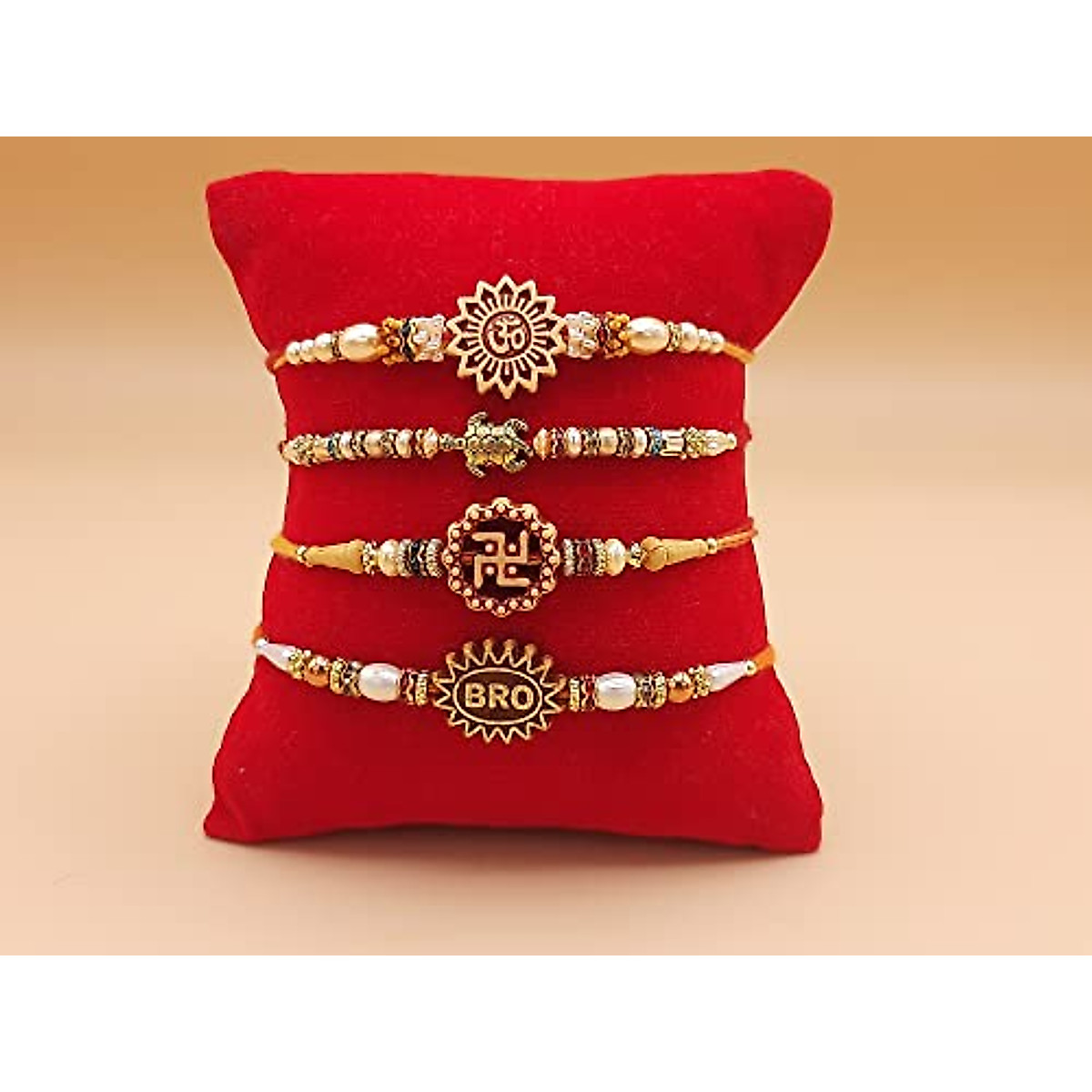 Rakhi for Brother Sister celebration. Designer Multicolor Stones Rakhi Gift, Wrist bands for loving, Brother, Sister, Father & family. (Rakhi Des.4- Om, Bro &Good Luck Tortoise Set of 4, Small)