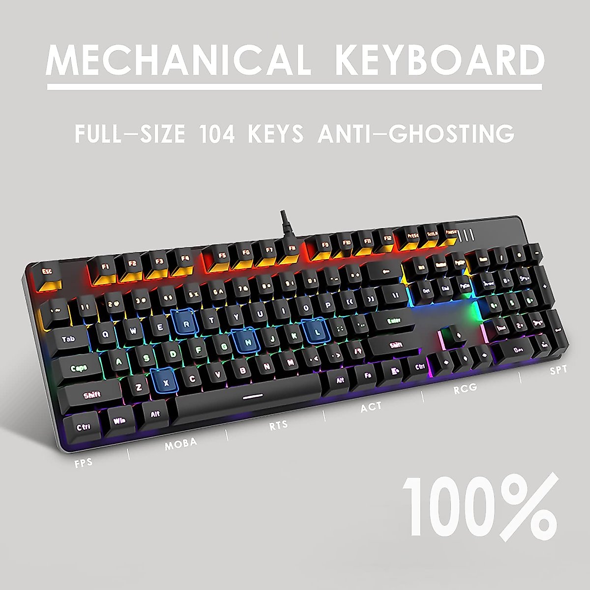 Alkem Mechanical Gaming Keyboard with Rainbow Backlit 104 Keys Gaming Keyboard USB Wired Keyboard with Blue Switch Anti-Ghosting Full Size Keyboard for Windows PC MAC Games (Black)