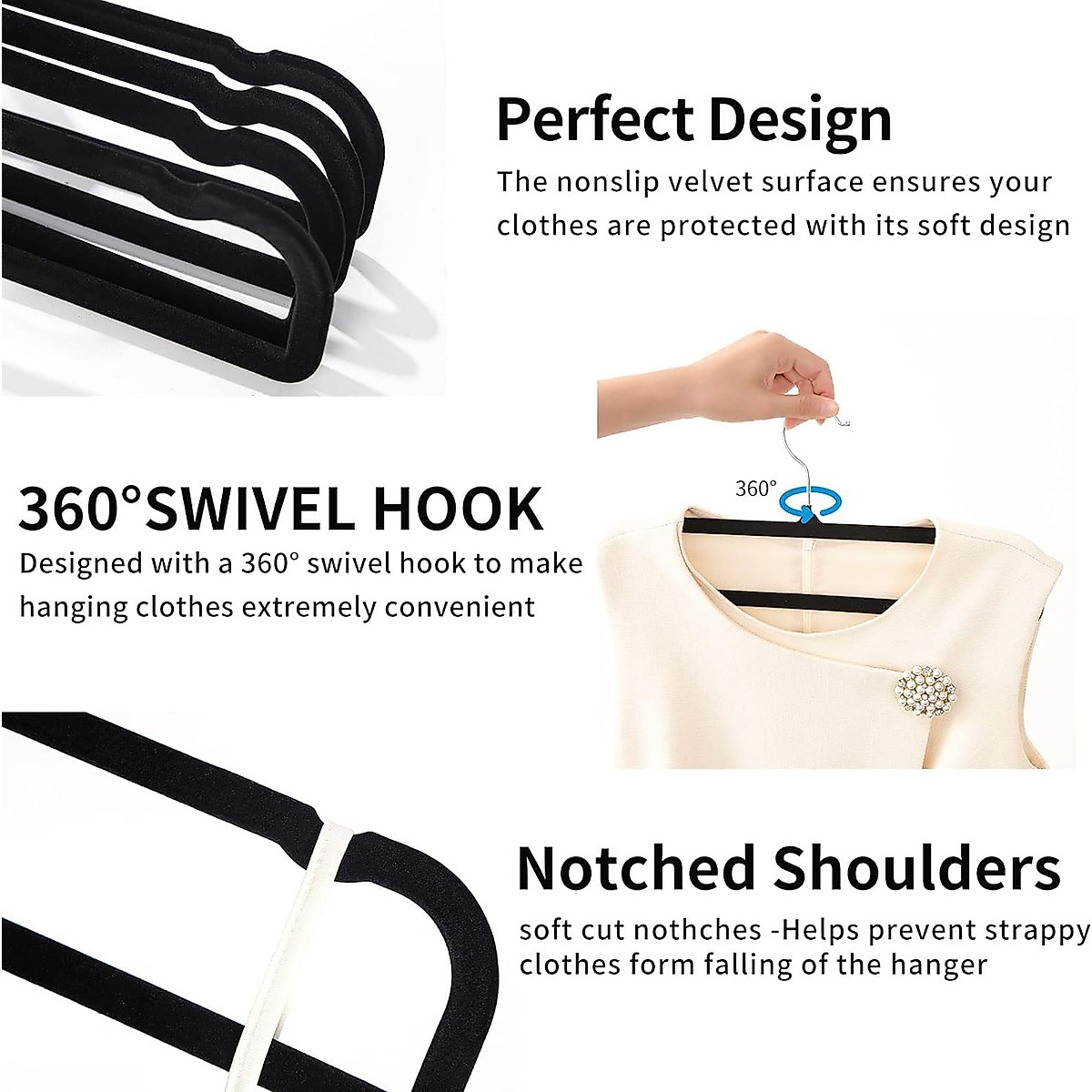 Velvet Pants Hangers with Non Slip Bar, 20 Pack Felt Slack/Trouser Hangers for Closet, Slim & Sleek Space Saving Closet Hangers, 360° Swivel Hook, Tank Top Hangers for Bra, Shorts, Jeans, Towel, Black