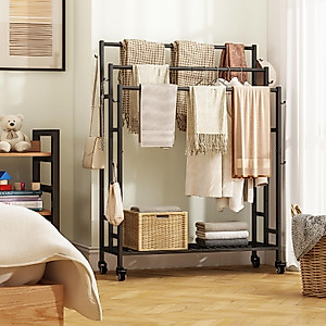 SORCEDAS Towel Rack 3 Tier Free Standing Metal Towel Stand with Storage Shelf and Wheel for Extra Large Towel Blanket Drying (Black)