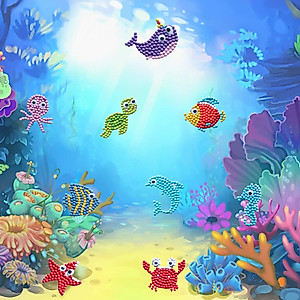 MODOWEY 36Pcs Stickers Kits for Kids, DIY Animal & Sea World Stickers Painting with Diamonds, Paint by Numbers Diamonds Arts Craft Kits for Children, Boys and Girls (Style A)