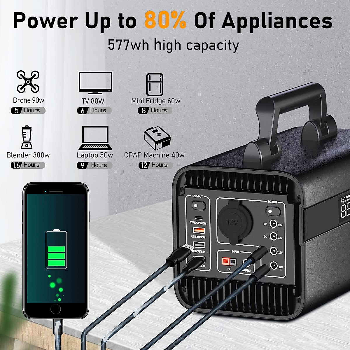 BATINO 600W/577Wh Portable Solar Power Station (Peak 1000W), Solar Generator with PD 60W Quick Charge, 3.0 Fast Charging Port,3 x Pure Sine Wave AC Outlets & LED Flashlight