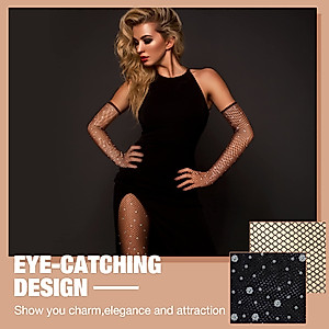 SATINIOR Rhinestone Fishnets Mesh Stockings with Glitter Gloves Black Fishnet Gloves Rhinestone Gloves for Women Girls (Cute Style)