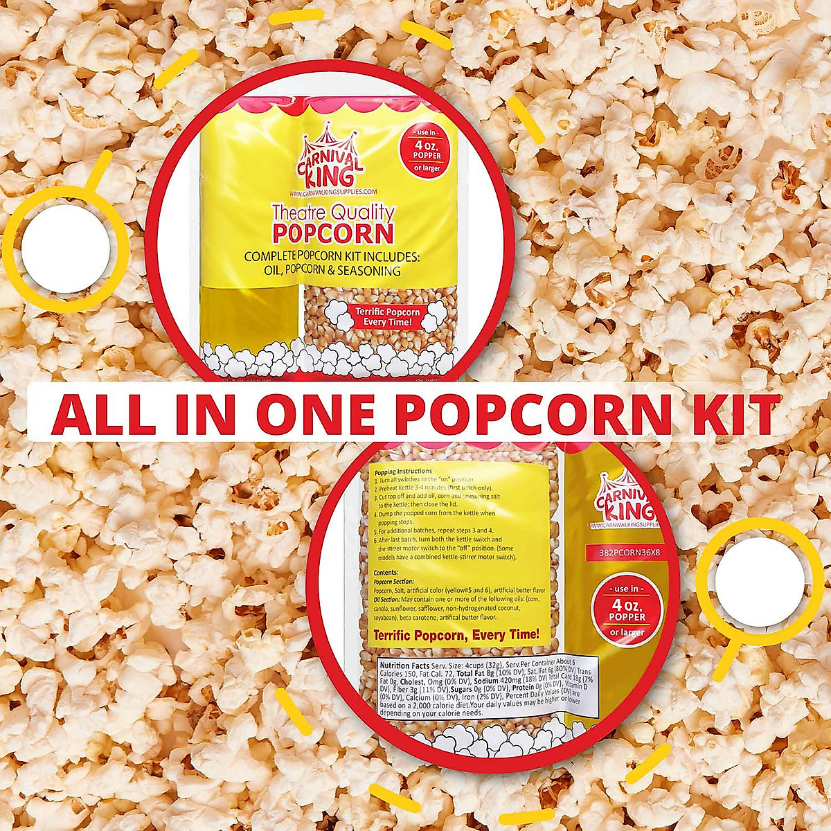 Popcorn Machine Supplies Set Refill, 10 Bags Of Popcorn Kernels Kit (Large Butterfly Kernels, Salt Seasoning, and Popcorn Oil), 200 Popcorn Bags (1 oz. Paper)