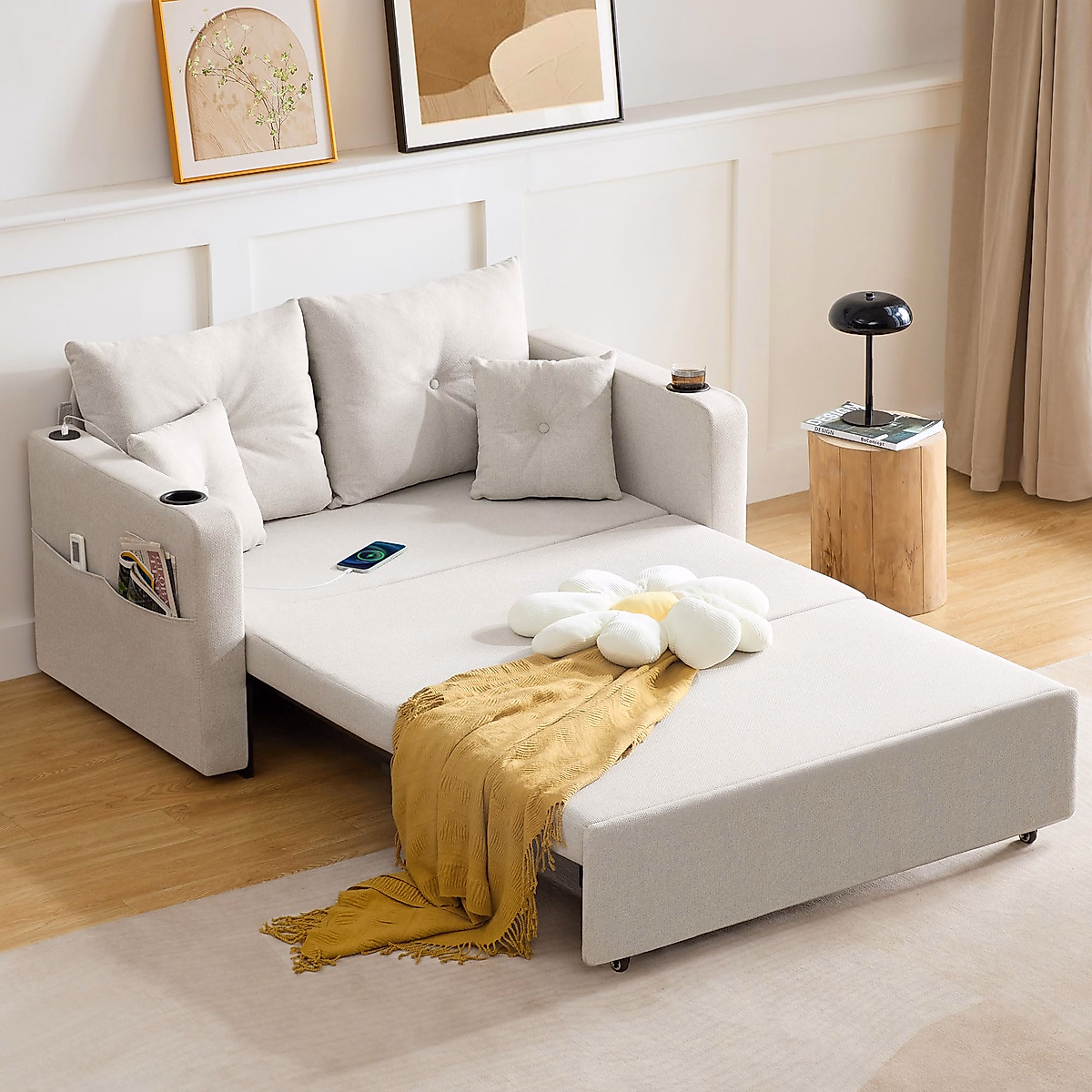 Busaurus 3 in 1 Loveseat Sleeper Sofa Couch Bed, 56" Full Size Convertible Sofa Bed, Pull Out Couch Bed with Storage Pocket, USB, Comfy Sofa Bed Couch for Living Room, Bedroom, Small Space, Beige