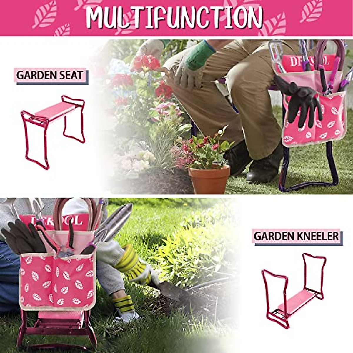 Garden Kneeler and Seat with Tool Pouch, 2 in 1 Foldable Garden Bench with Soft EVA Foam Kneeling Pad, Portable Kneeler Seat for Gardening, Outdoor Garden Stool