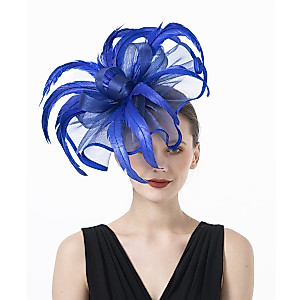 Lucky Leaf Girl Lady Hat Headwear Organza Church Feather Clip Fascinators Hat Wedding Party Kentucky Derby Cap for Women(F-5-Royalblue)