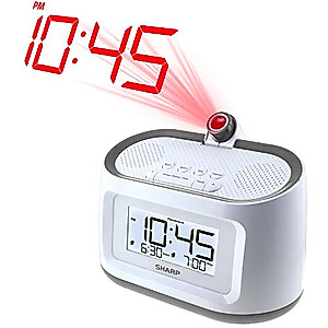 SHARP Projection Alarm Clock with Soothing Nature Sleep Sounds – Easy to Read Projection on Wall or Ceiling – 8 Sleep Sounds to Help Fall Asleep Faster, White Case with Gunmetal Trim