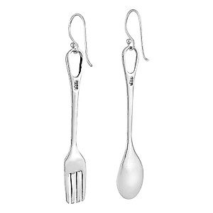 AeraVida Stylish Bon Appétit Spoon and Fork Mismatched Pair .925 Sterling Silver Cutlery Set Fishhook Dangle Earrings for Foodies and Fine Dining Fashion Accessories