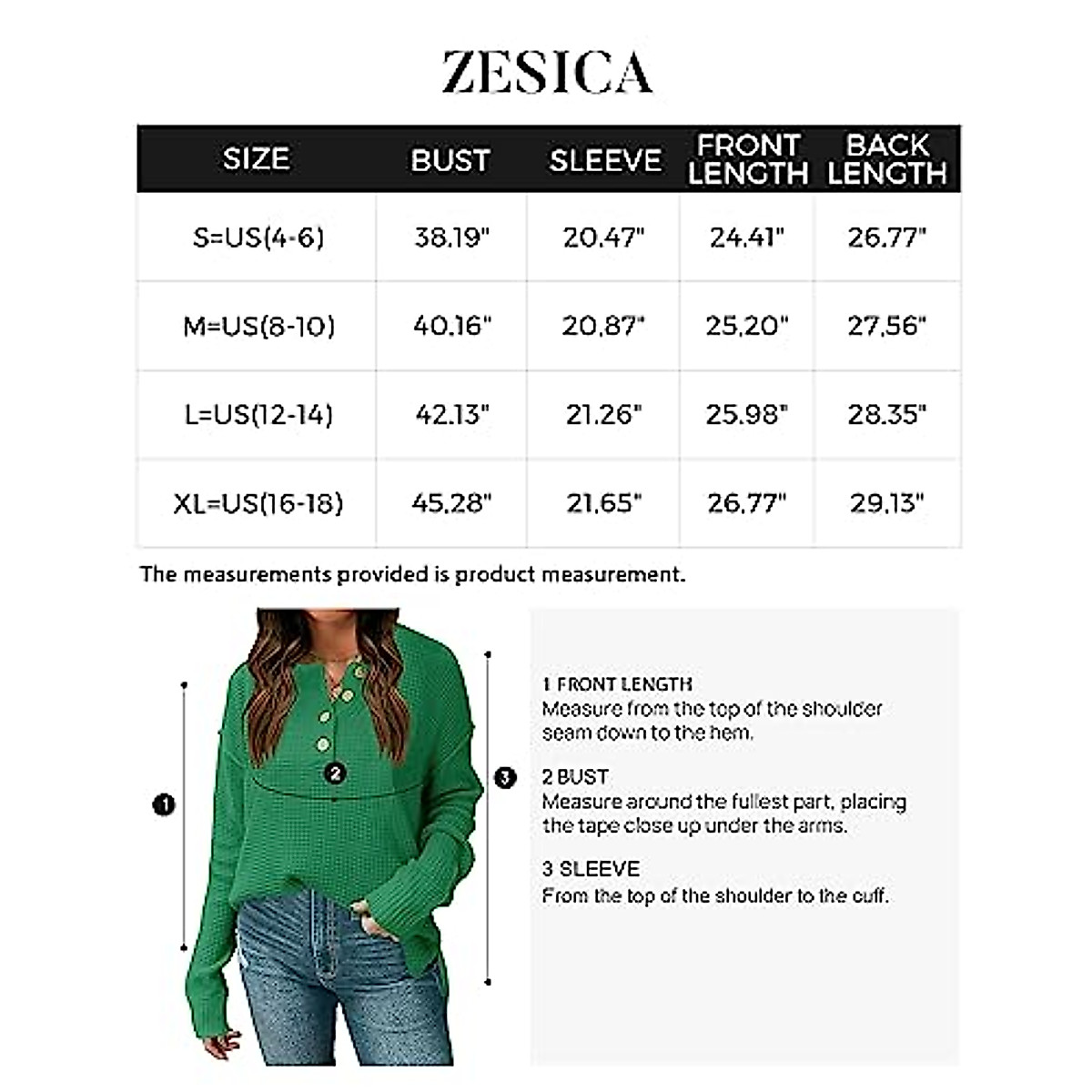 ZESICA Women's 2023 Casual V Neck Sweater Loose Long Sleeve Waffle Knit Button Henley Pullover Jumper Top,Green,Small