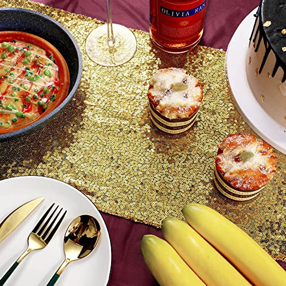 Tablecloth and Sequin Table Runner Set Polka Dots Confetti Table Cover Dining Plastic Table Cloths Glitter Decorations for Birthday Wedding Anniversary Party Supplies (Maroon, Gold, 2 Pcs)