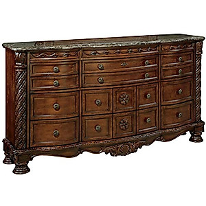 Signature Design by Ashley North Shore Ornate 9 Drawer Dresser with Marble Inlay Top, Dark Brown