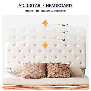 IDEALHOUSE Queen Bed Frame with Headboard Adjustable, Leather Platform Bed Upholstered Queen Size, Button Tufted Mattress Foundation, Wooden Slat Support, No Box Spring Needed, White