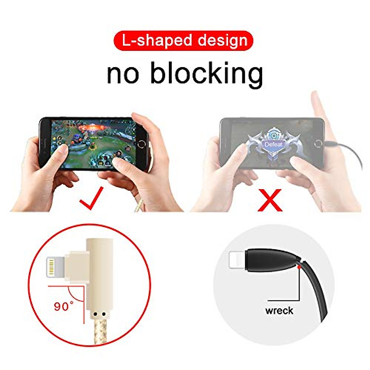 3 Pack Apple MFi Certified iPhone Cable Right Angle Lightning Cable (3/3/3FT) Nylon Braided 90 Degree Charging Cord Charging Data Sync for iPhone 13/12/11/11Pro/Xs Max/X/8/7/Plus/6S/6/SE/5S iPad Gold