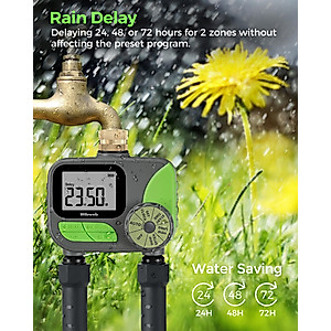 WILAWELS Brass Sprinkler Timer 2 Zone, Programmable Garden Water Timer, Automatic Irrigation Timer with Rain Delay/Manual/Auto Mode, Waterproof and Leak-Proof, for Yard, Garden, Lawn, 2 Outlet B12WT06