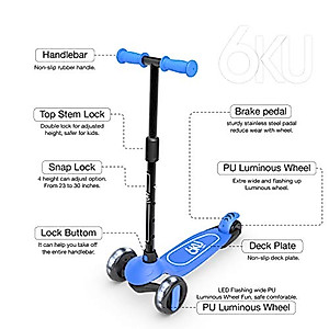 6KU Scooter for Kids Ages 3-10 with Flash Wheels, Kids Scooter 4 Adjustable Height, Toddler Scooter Extra-Wide PU LED Wheels, 3 Wheel Scooter for Kids for Girls & Boys Learn to Steer(Blue)