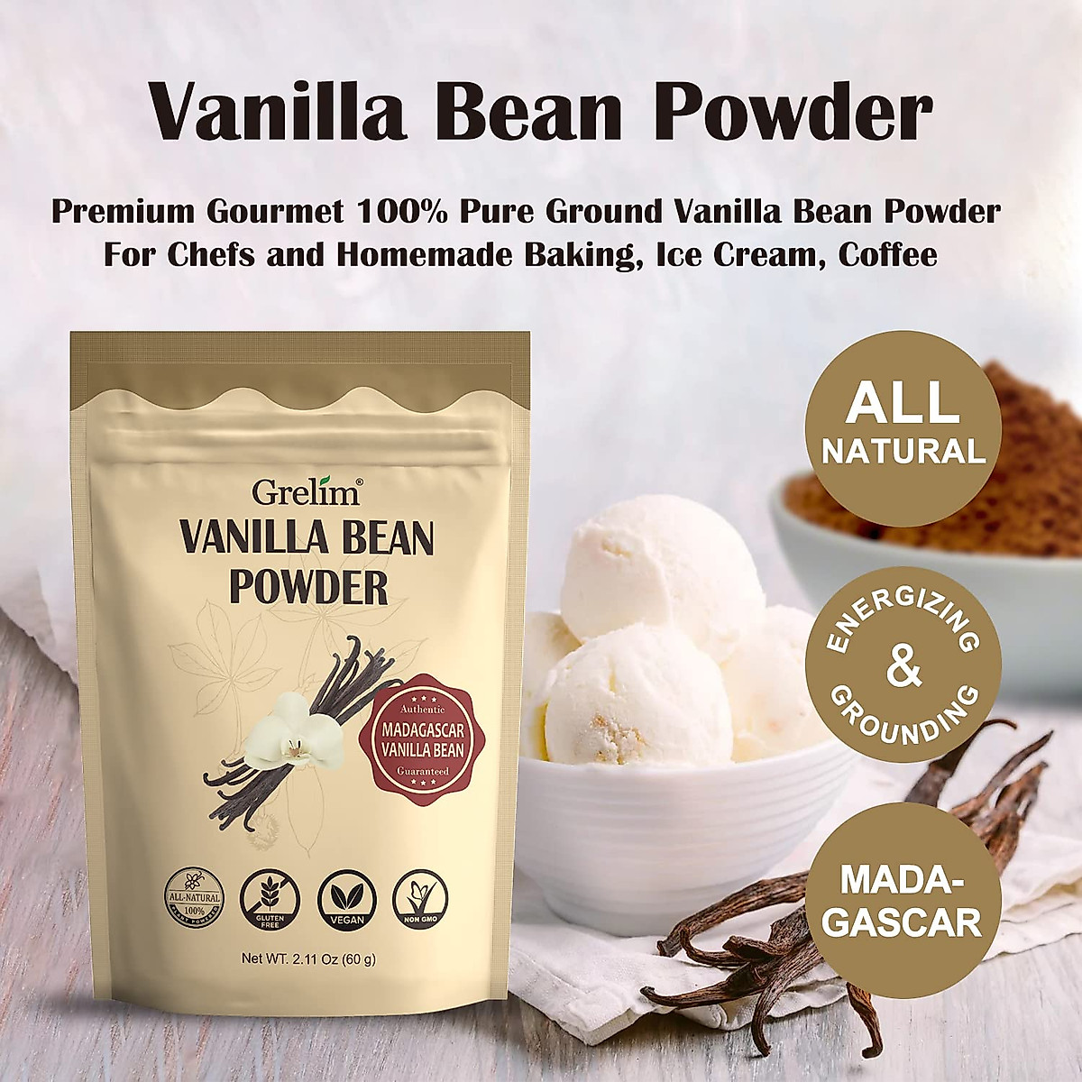 GRELIM Vanilla Bean Powder, 100% Pure Ground Madagascar Vanilla Powder Gluten-Free No Fillers or Additives Great for Baking, Coffee, Smoothies 2.11 Oz (60 g)