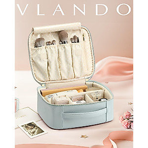 Vlando Makeup Bag, Travel Makeup Bags,Large Portable Make Up Bag Organzier with Dividers and Handle Gifts for Women Girls,Traveler,Christmas,Wedding Blue