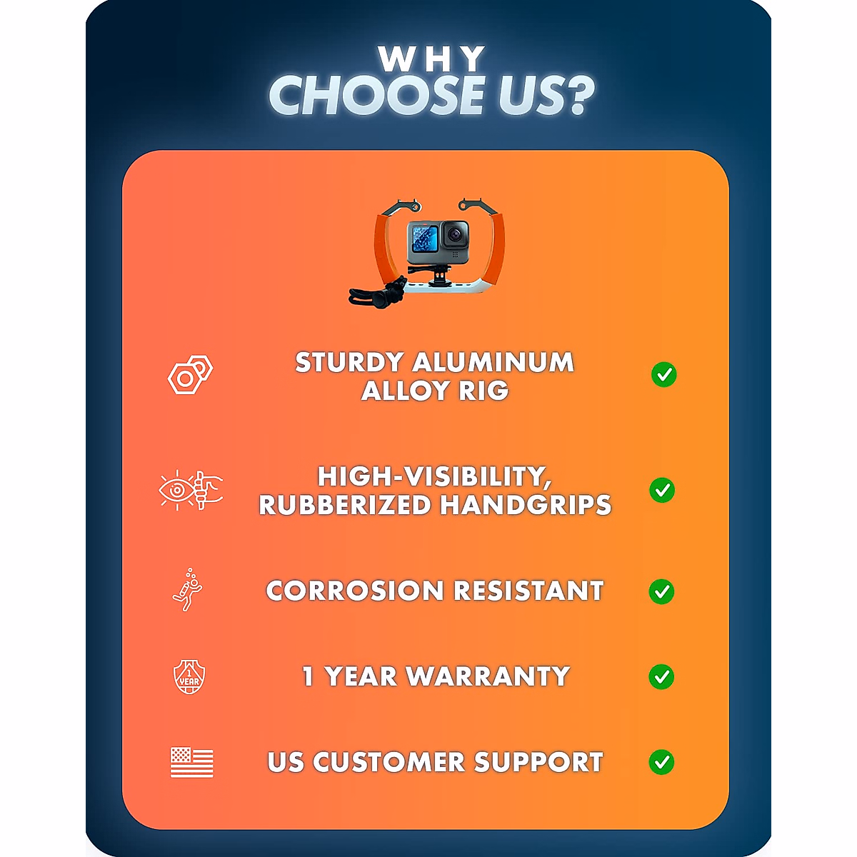 Movo GB-U70T Underwater Diving Rig for GoPro Hero with Cold Shoe Mounts, Wrist Strap - Works with HERO6, HERO7, HERO8, HERO9, HERO10, HERO11, and Osmo Action Cam - Scuba GoPro Accessory (Tangerine)