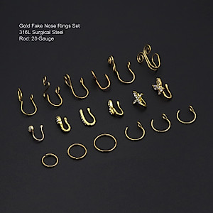 PiercingArt 18Pcs Fake Nose Rings 14K Gold Plated Non Piercing Nose Cuff Set Clip On Nose Ring Hoop Faux Nose Piercing Jewelry for Women Girls