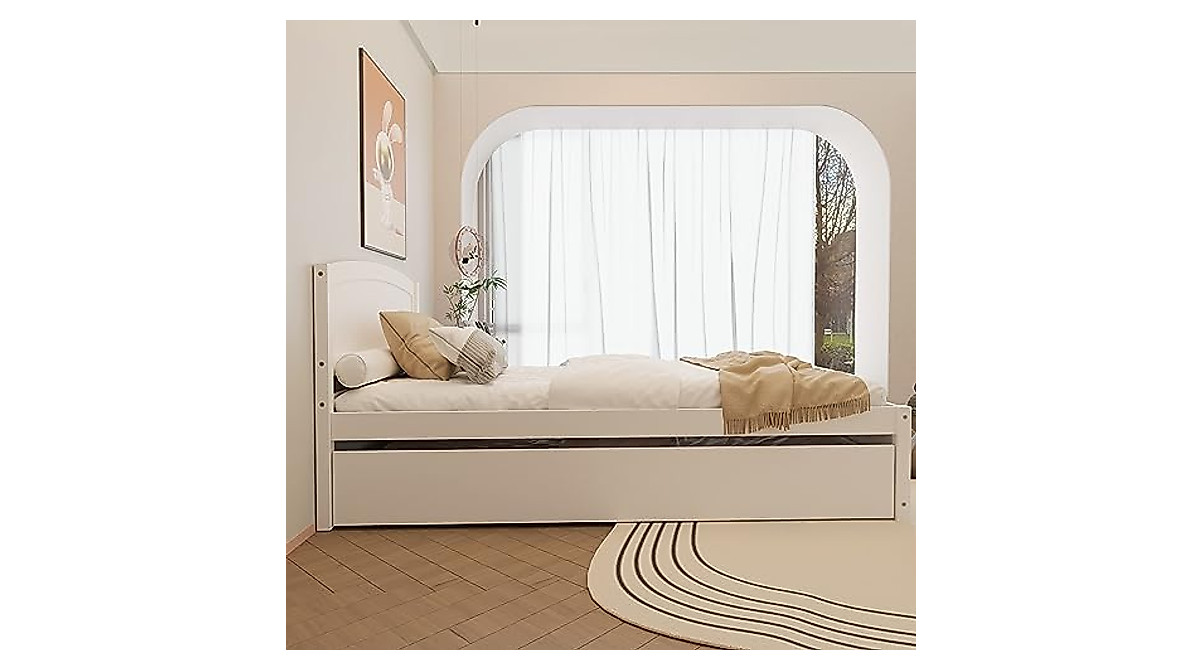 Xilingol Twin Trundle Bed – Solid Wood Frame with Headboard