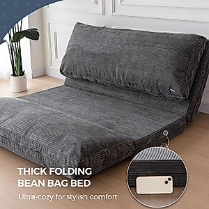 MAXYOYO Bean Bag Bed Folding Sofa Bed Floor Mattress for Adults, Extra Thick and Long Floor Sofa with Corded Washable Cover, Dark Grey, 30x95 Inch