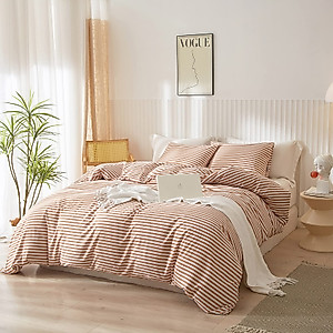 EAVD Duvet Cover Queen White and Khaki Striped Duvet Cover Soft Microfiber Modern Striped Gemetric Pattern Bedding Set with 2 Pillowcases Reversible Striped Comforter Cover with Zipper Closure