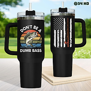 34HD Bass Fishing Tumbler with Lid and Straw, 40oz Bass Fish Cup for Dad Grandpa Uncle, Men Vacuum Insulated Mug, Fishing Gifts for Birthday Fathers Day Anniversary
