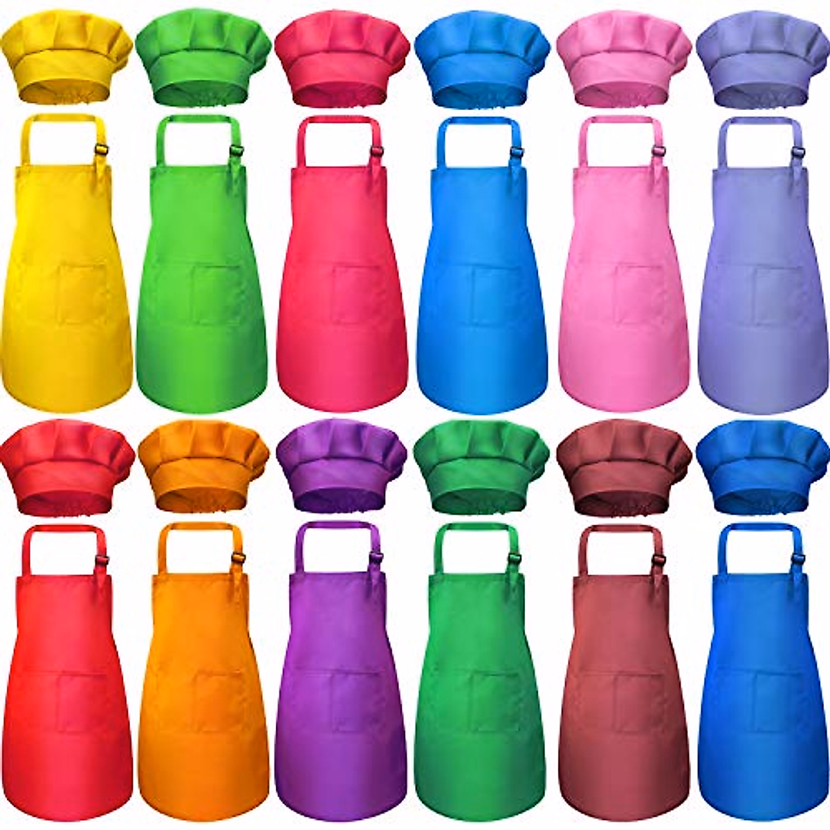 SATINIOR 12 Pieces Kids Apron and 12 Pieces Chef Hat, Child's Adjustable Aprons and Chef Hat Kitchen Bib Aprons with 2 Pockets for Boy Girls Kitchen Cooking Baking Wear(Multi-colors, L for 7-13 Age)