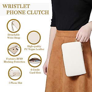 Daisy Rose Zip Wristlet Phone Clutch-RFID Blocking protection Wallet - Cream