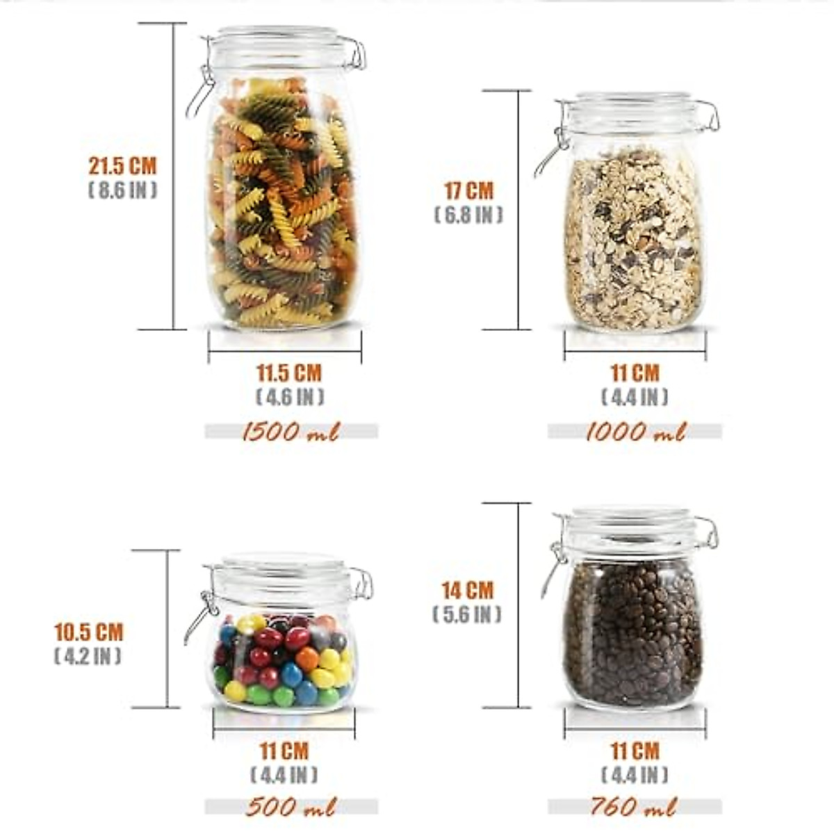 Masthome Glass Jars with Airtight Lids, Set of 4, Kitchen Preserving Storage Glass Canisters Bottles for Cereal Cookies Sugar Coffee Pickles Gifted 15 Pcs Food Storage Bags