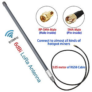 LoRa Gateway Antenna 915MHz 6dBi for RAK HNT Bobcat Helium Hotspot Miner + 10ft N-Female to SMA-Male Extension Cable