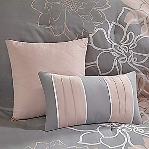 Madison Park Lola Sateen Cotton Comforter Set-Casual Medallion Floral Design All Season Down Alternative Bedding, Shams, Bedskirt, Decorative Pillows, Queen, Grey/Blush 7 Piece