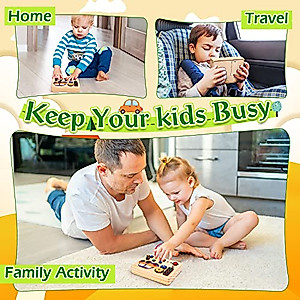 Auney Montessori Busy Board with Traffic Led Lights,Wooden Sensory Toys for Toddlers 1-3,Baby Travel Toys with 7 Different Led Lights Sound Button,Educational Toys for 1+ Year Old Boy Car Style Gift