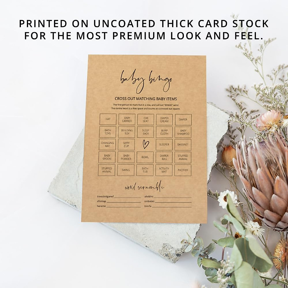 Baby Shower Bingo Game (50 Unique Cards), Pre-filled, Added Word Scramble, Fun Baby Shower Games for Boy or Girl (Kraft)