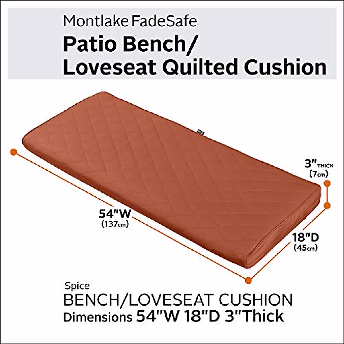 Classic Accessories Montlake FadeSafe Water-Resistant 54 x 18 x 3 Inch Outdoor Quilted Bench Cushion, Patio Furniture Swing Cushion, Spice
